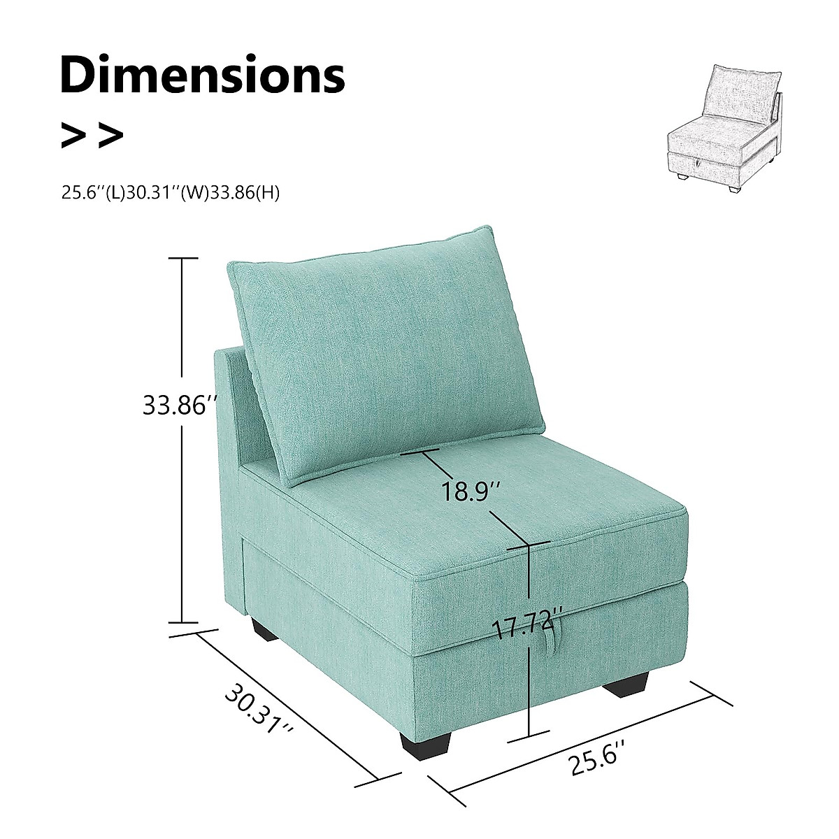 HONBAY Modern Fabric Middle Module for Modular Sofa Customizable Sectional Sofa Couch Accent Armless Chair, Aqua Blue