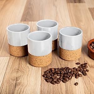 White Double Espresso Cups Set of 4 - Removable Cork Insulating Base Ceramic Coffee Cup Mug 4oz with Removable Cork Sleeve - Stackable - Handleless