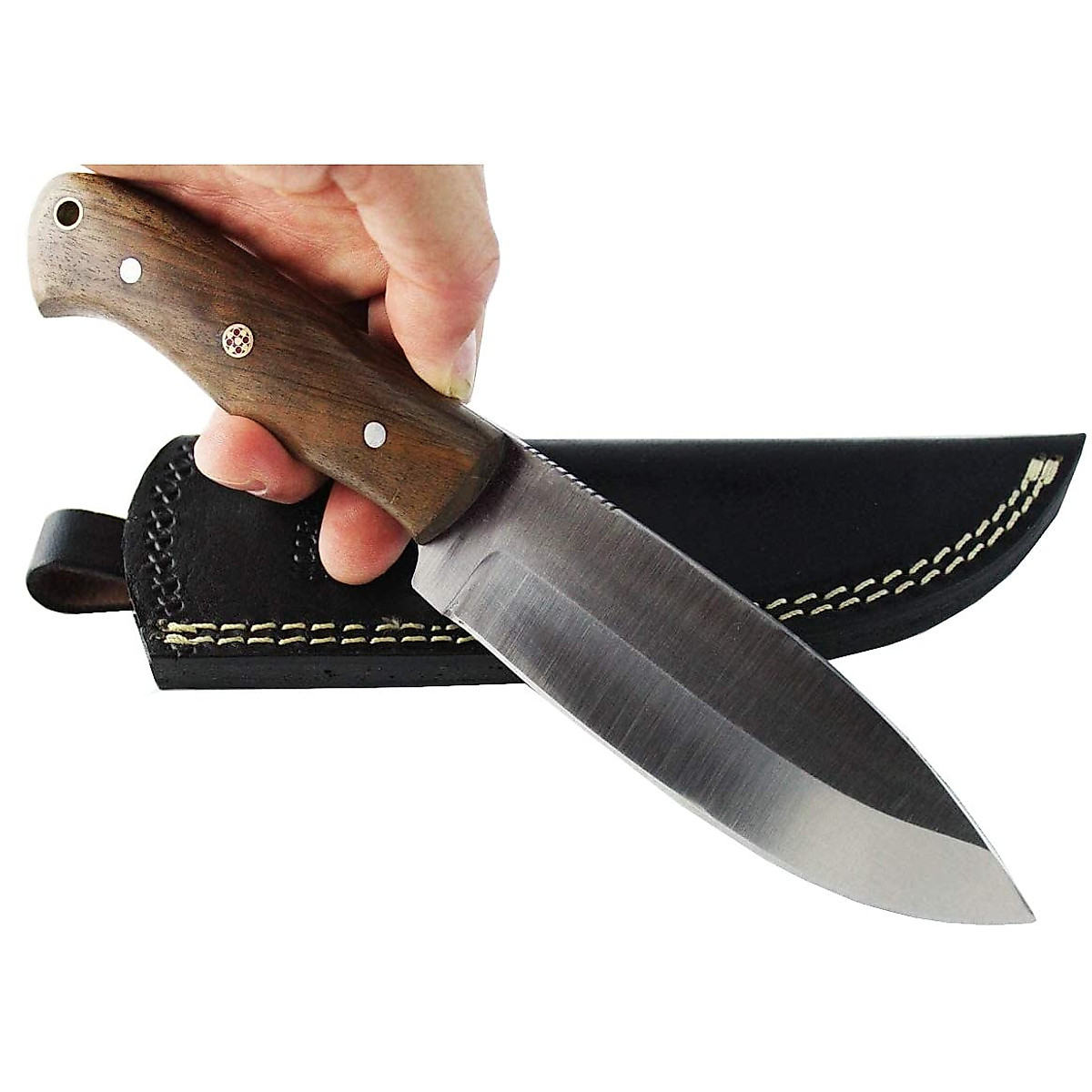 Moorhaus Handmade Full Tang Hunting Fixed Blade Knife D2 Steel - Wood Handle - Great for Camping/Hunting/Skinning/Survival/Bushcraft - includes Leather Sheath