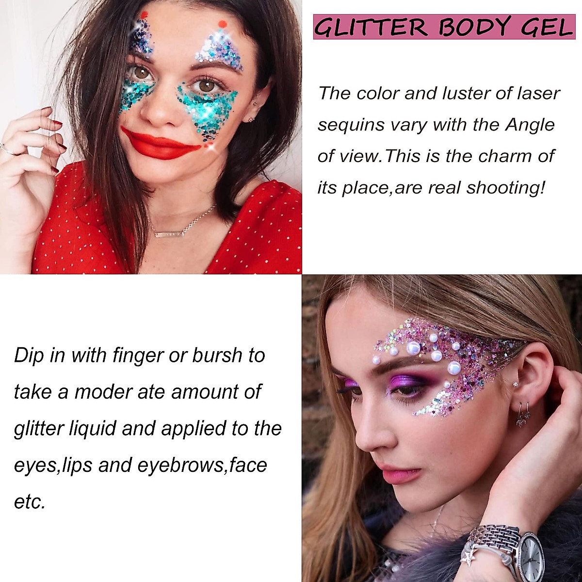 2 Color Body Glitter Gel Mermaid Scale Sequins Skin Long Lasting Sparkling Cream Eyeshadow Lip Nail Hair Painting Glitter Decorate Art Festival Party Make up Powder (Silver,White),with 2 Sponge Brush