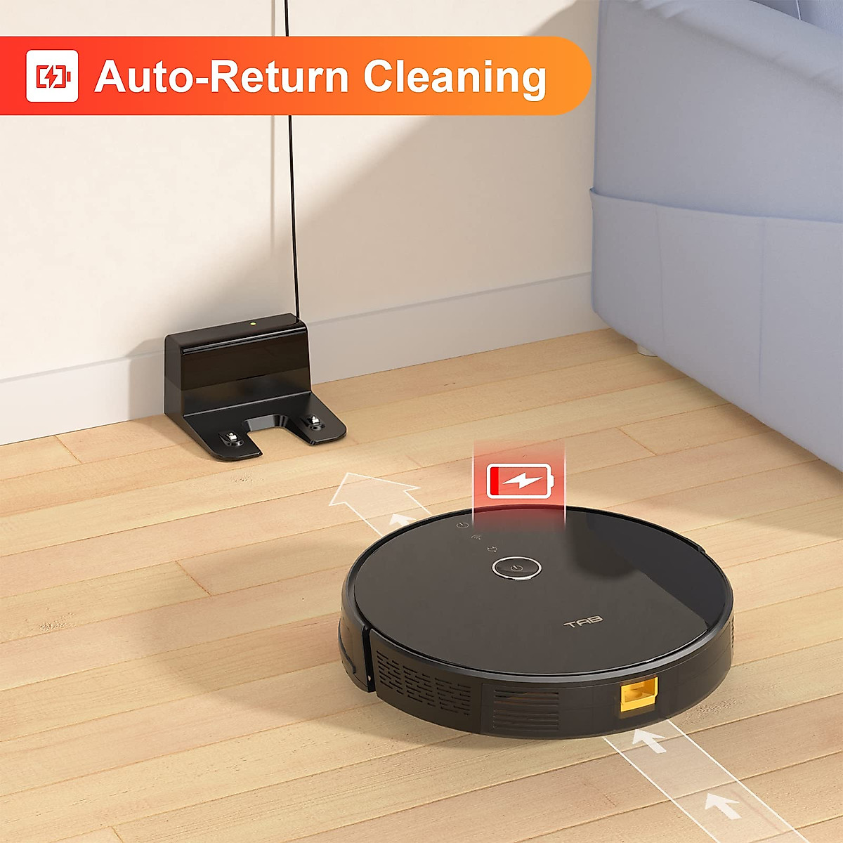 TAB Robot Vacuum Cleaner - 2200Pa Suction Automatic Robotic Vacuum Cleaner for Pet Hair, Smart Cleaner for Hard Floor and Carpets, Remote and App Controls, Self-Charging Cleaning Robot (Classic)