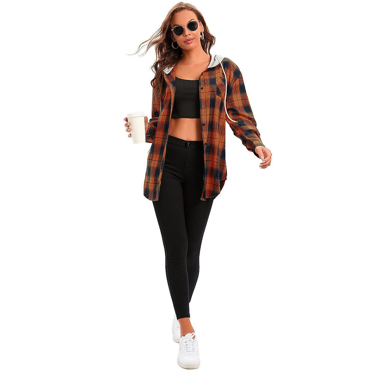 Womens Flannel Shirts Long Sleeve Oversized Boyfriend Shirts Button Down Plaid Hoodie Orange