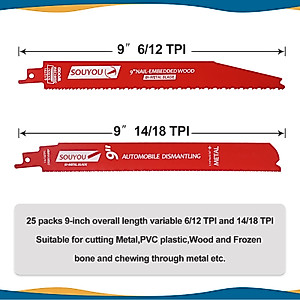 Souyou 25 Pack 9 Inch 6/12 Tpi Reciprocating Saw Blades Bi-Metal Steel Demon with Perma-Shield Coating Stud and Nail Sawzall Blades Sawzall Blades for Cutting Embedded Wood Metals PVC Pallets etc.