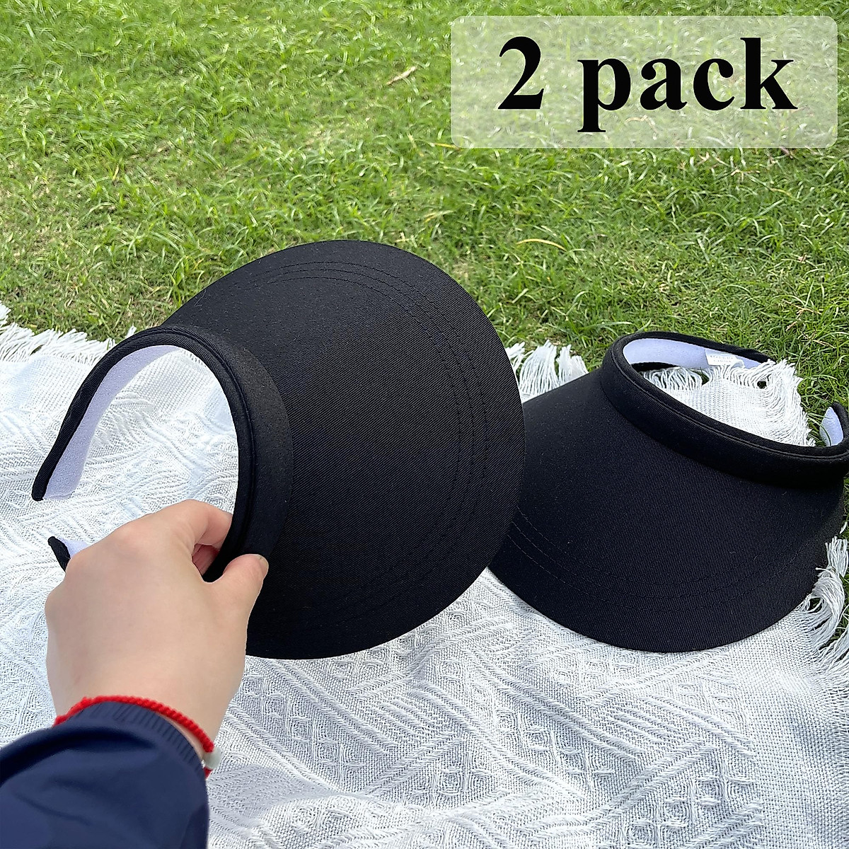 2 Pack Visors Hat Women Cloth Wide Brim Clip on Summer Golf Hats Hiking Running Adjustable UV Protection Outdoor (2pcs,Black)