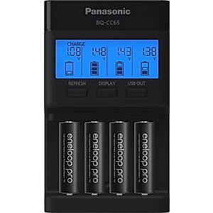 Panasonic K-KJ65KHA4BA Super Advanced 4-Position Quick Charger with LCD Indicator Panel, USB Charging Port and 4AA eneloop pro Rechargeable Batteries, Black