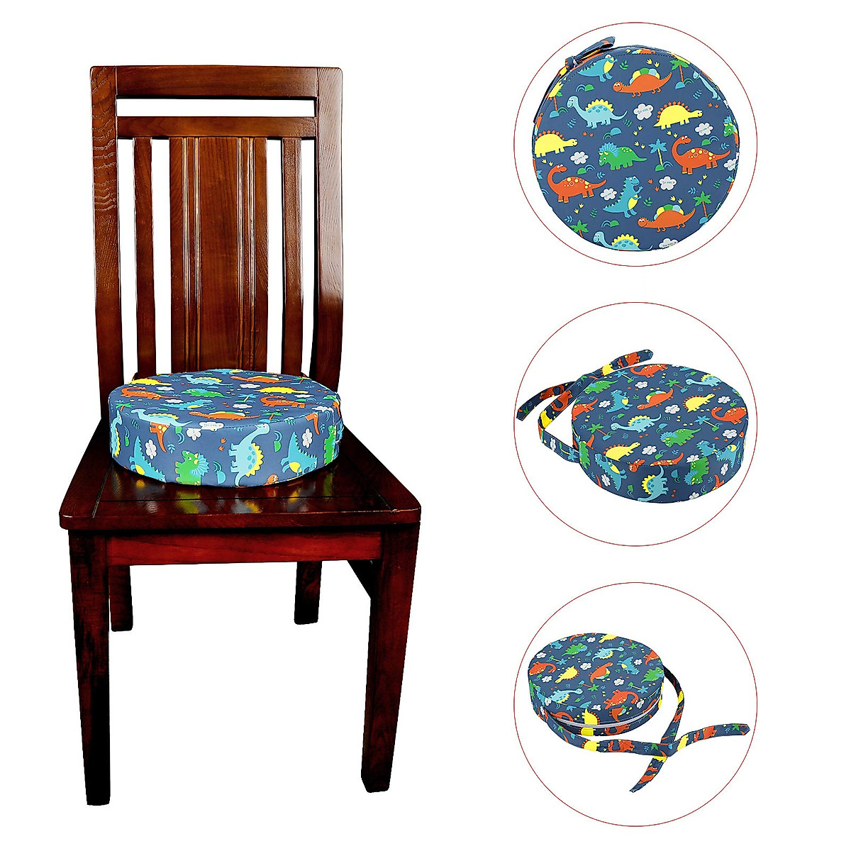 Sumnacon Round Chair Increasing Cushion - Baby Toddler Kids Infant Portable Dismountable Highchair Booster Cushion Washable Thick Chair Seat Cloth Straps (Dinosaur Blue)