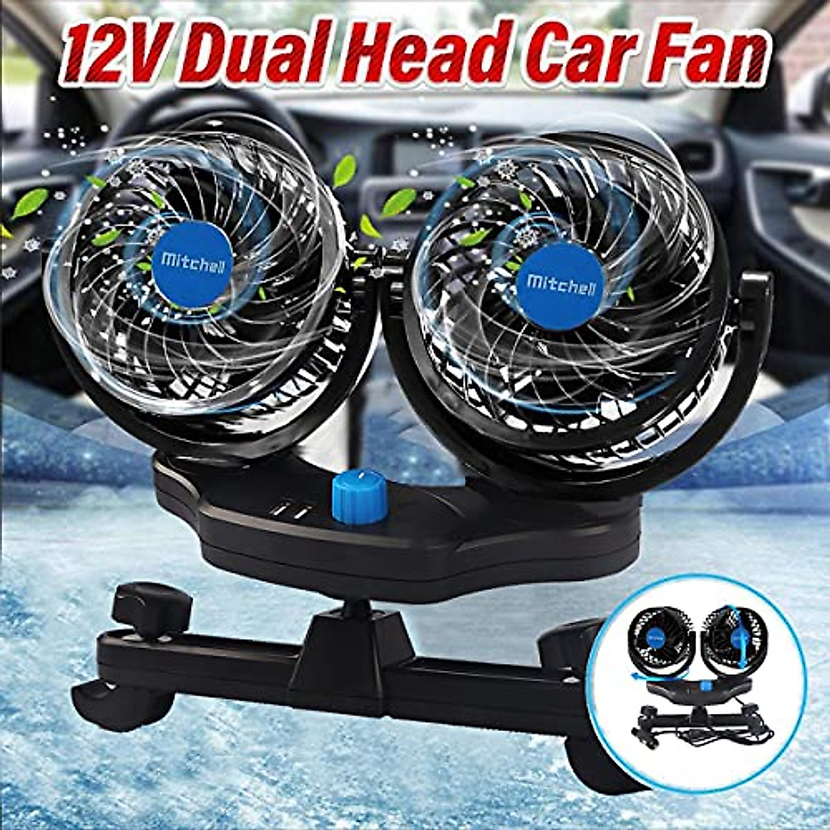 KWYZ 12 Volt Car Fan for Back Seat Passenger, Portable Car Seat Fan Headrest 360° Rotatable Backseat Cooling Air Fan with 2 USB Charging Port & Cigarette Lighter Plug for Vehicles, SUV, RV, Boat