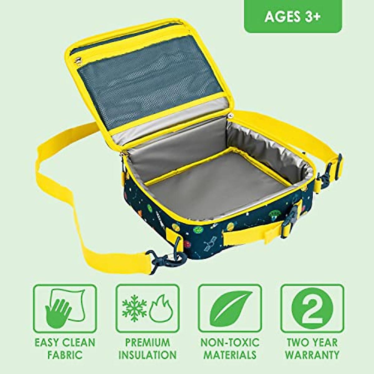 Bentgo® Kids Lunch Bag - Durable, Double Insulated, Water-Resistant Fabric, Interior & Exterior Zippered Pockets, Water Bottle Holder - Ideal for Children 3+ (Space)