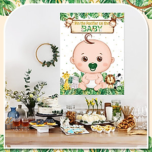 Faccito Pin the Pacifier on Baby Game Safari Jungle Baby Shower Game with Sage Green Animals Baby Poster Blindfold and 24 Pacifier Stickers for Baby Shower Birthday Party Decorations Supplies