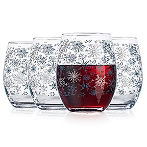 Elegant Home Set of Four (4) 20oz Holiday Festive Christmas Gift Stemless Wine Glass For Red Or White Wine- Christmas Winter Blue & White Snowflakes