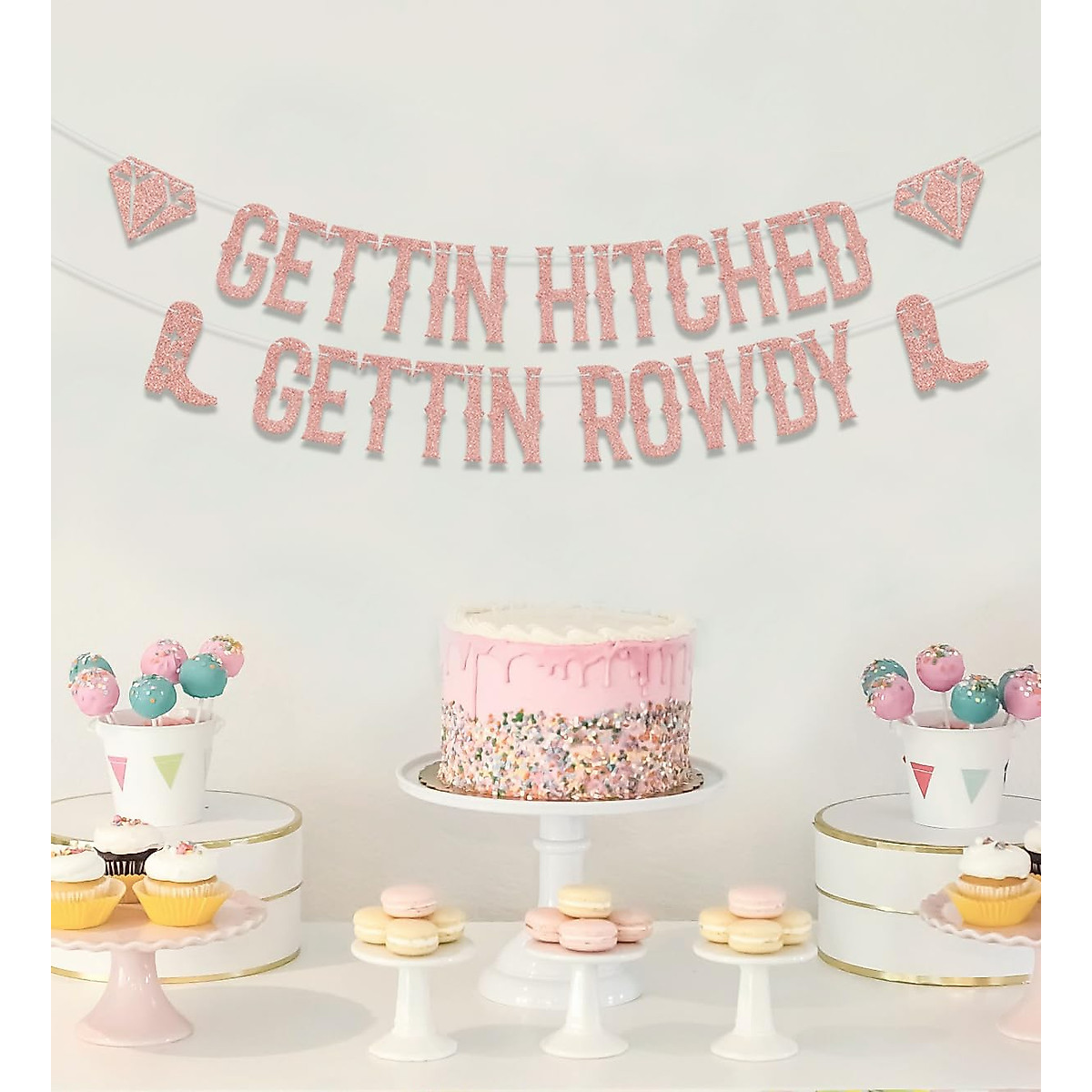 KEWUFD Gettin Hitched Gettin Rowdy Banner, Engagement/Bachelorette/Bridal Shower Party Decorations For Wedding Party Decoration Supplies Rose Gold Glitter