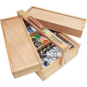 Mont Marte Multi-Purpose Wooden Art Box. 3 Layers of Storage for Organizing Art Supplies. Features a Leather Carry Handle for Easy Transport