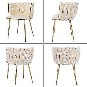 Homtique Dining Chairs Set of 2 Modern Velvet Woven Accent Chair with Gold Metal Legs,Luxury Upholstered Armchair Side Chair for Kitchen Vanity Living Room Bedroom (Cream)
