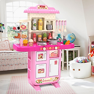 Play Kitchen Girls Toy Pretend Food - Kitchen Toys for Kids Ages 4-8, Kitchen Set for Toddlers 1-3, Play Kitchen Accessories w/Real Sounds Light, for Girls Boys Age 2 3 4 5 6 7