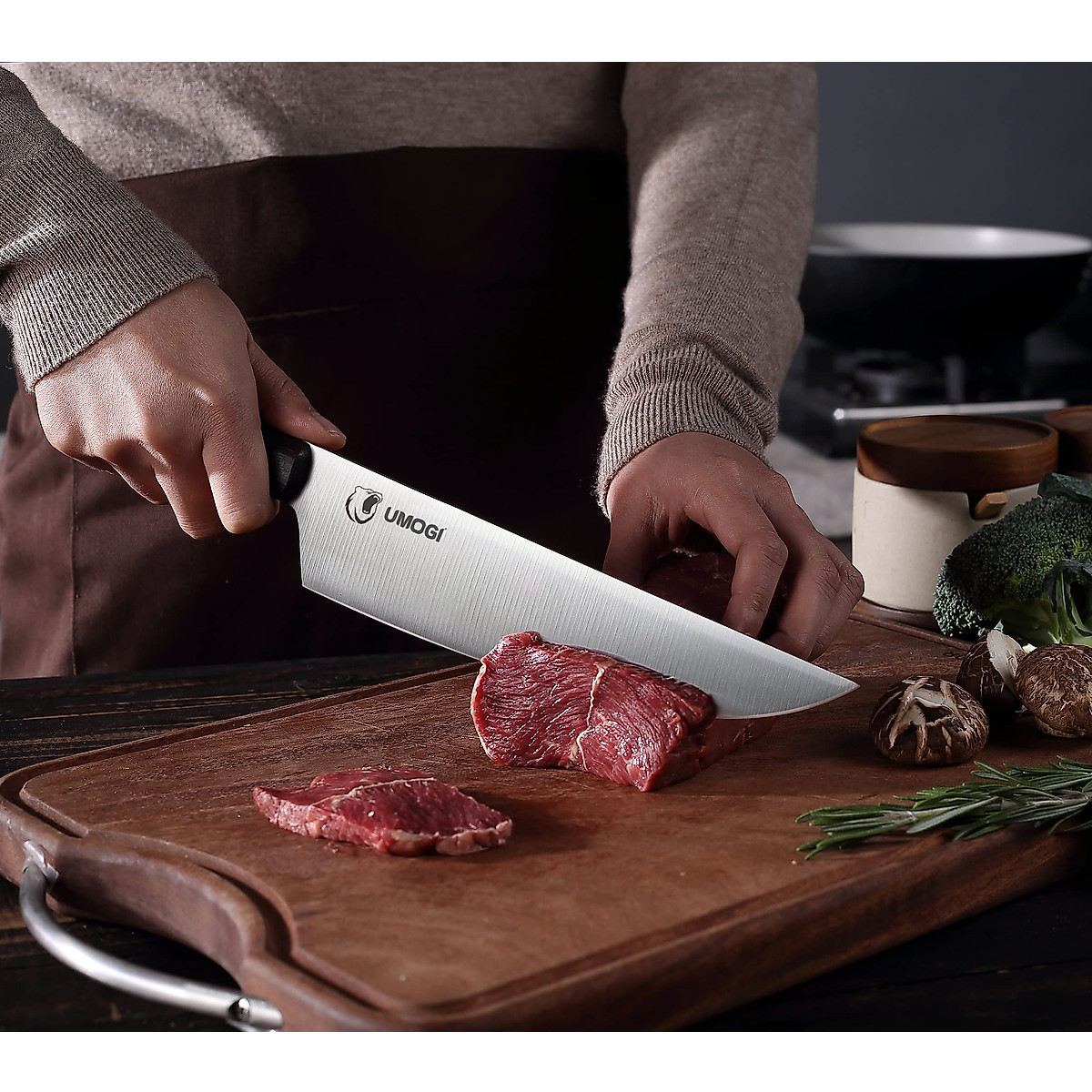 UMOGI Kitchen Knife Set 6 Piece with Sheath Covers in Gift Box - Full Tang Wooden Handle German Stainless Steel - professional Cutlery Knives Set with Chef Slicing Bread Boning Utility Paring Knife