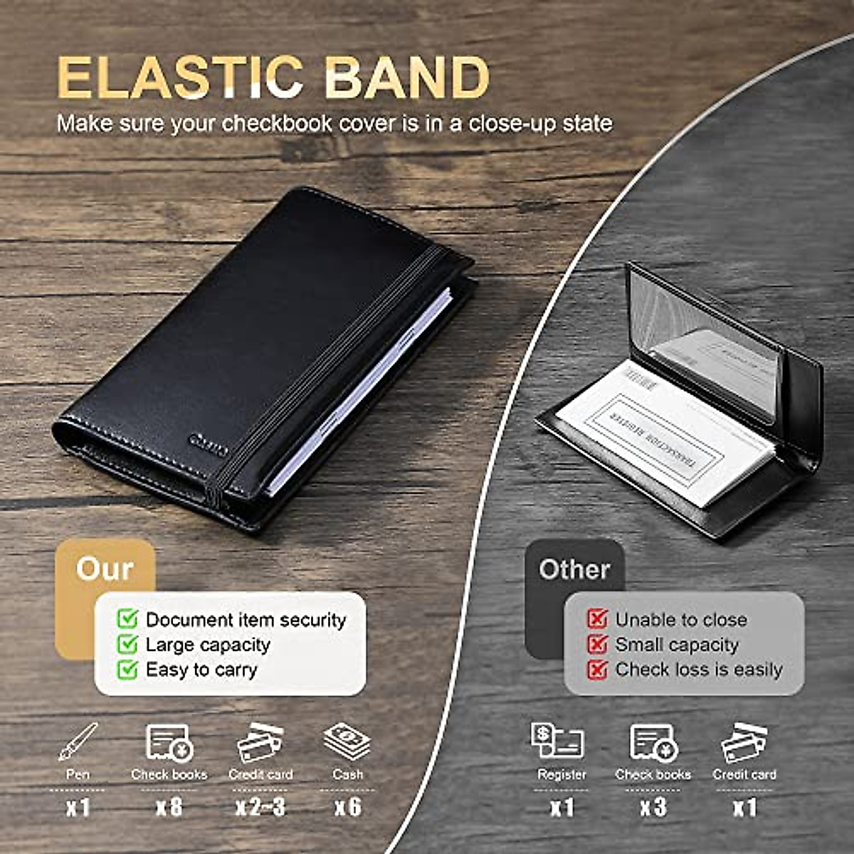 CASMONAL Checkbook Covers for Personal Checkbook Holder RFID Premium Leather Checkbook Cover for Duplicate Checks（Black）