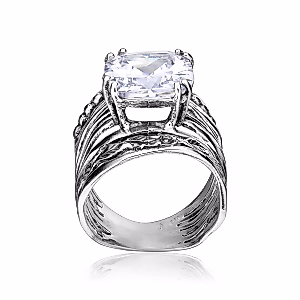 JEAN RACHEL JEWELRY 925 Sterling Silver Ring With 12mm White Cushion Cubic Zirconia Prong Hypoallergenic, Nickel and Lead-free, Facet Cut, Artisan Handcrafted Designer Collection, Made in Israel