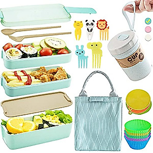 Bento Box Japanese Lunch Box Kit (11 PCS) 3-In-1 Compartment, Leak-proof Bento Lunch Box Meal Prep Containers with Utensils, Bento Boxes for Adults/Kids (Green)