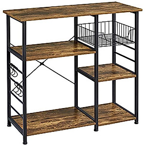 Yaheetech 4-Tier Kitchen Baker's Rack, Coffee Bar Microwave Stand Cart with Wire Basket & 6 Side Hooks, Kitchen Organizer Shelf for Spices/Utensils Foods, Rustic Brown