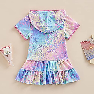 Girls Swim Cover Up Kid Hooded Zip-Up Terry Swimsuit Coverup Towel Bathing Suit Bathrobe Pool Swim Beach Robe Dress (Colorful, 7-8 Years)