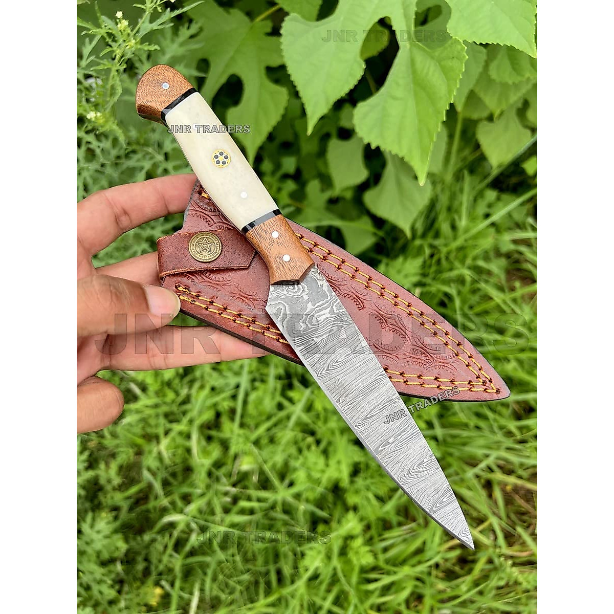 JNR Traders Damascus Paring Knife, Steak Knife, 6 in Chef Knife with Leather Sheath, Full Tang Thin Ultra-Sharp Bbq Knife 3702