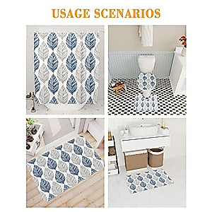 4 Pcs Shower Curtain Set with 12 Hooks Grey and Navy Blue Olive Leaf Texture Watercolor Hand Drawn Bathroom Sets with Non-Slip Bath Mat Toilet Lid Cover Waterproof Durable Shower Curtain and Rugs