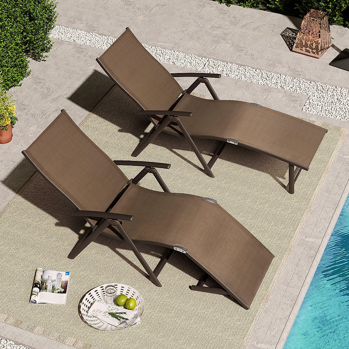VredHom 2PCS Patio Chaise Lounge Outdoor Adjustable Folding Lounge Chair Recliner with 8 Adjustable Backrest Positions for Pool Beach Yard, Brown Textliene and Brown Aluminum Frame