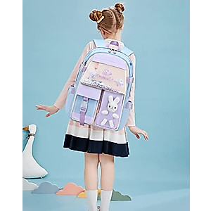 MCWTH School Backpack for Girls, Lightweight Waterproof Cute Bunny School Bookbag for Teen Kids Students Elementary (Rabbit Blue)