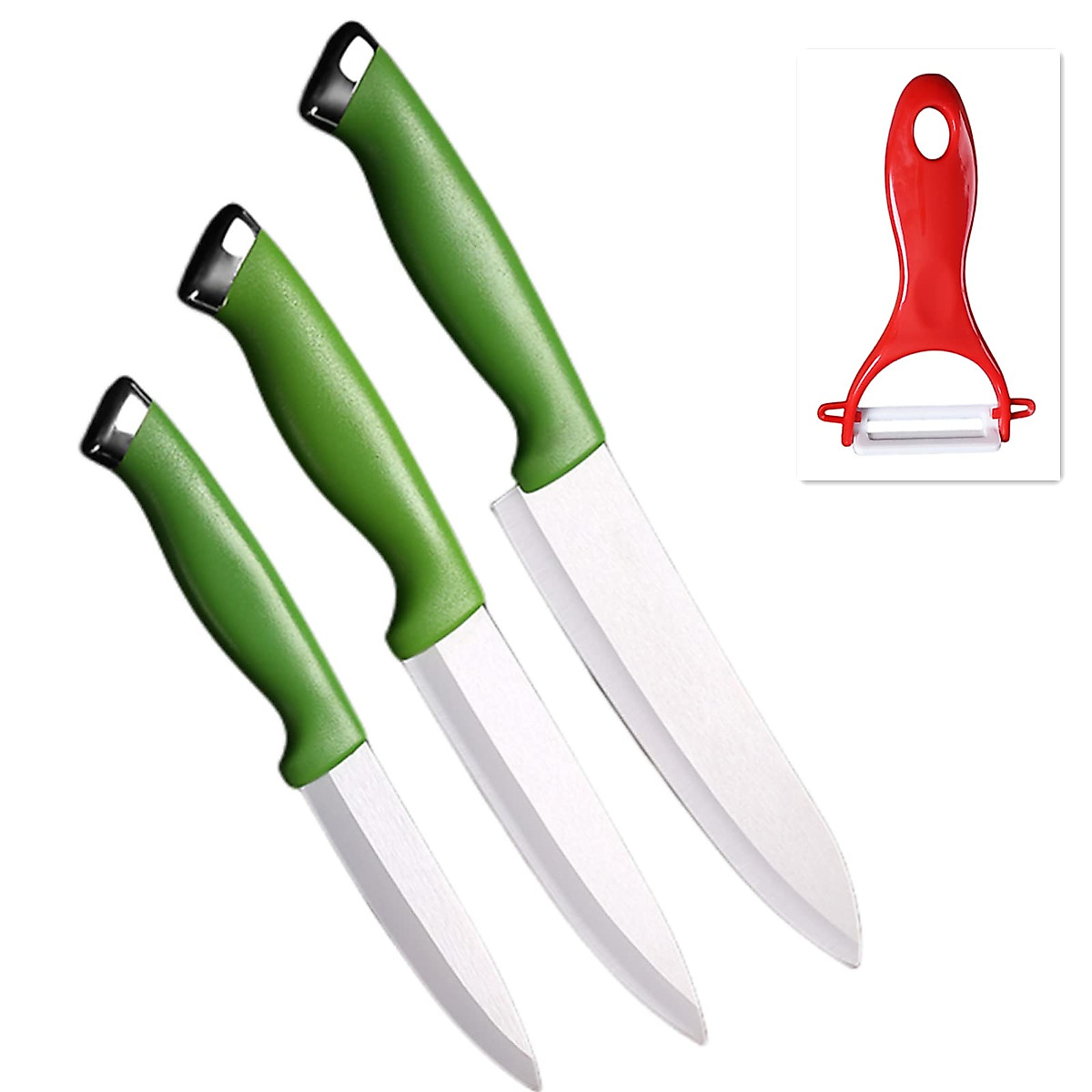 NEW Ceramic Knives With Covers 4 Pcs Quality Kitchen Knife Set with Stain Resistant 6 inch Chef Knife, 5 inch Steak Knife, 4 inch Fruit Knife, Peeler (Green)