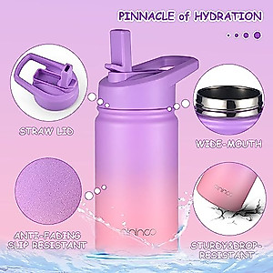 Mininoo Insulated Kids Water Bottle, 12 oz Stainless Steel Water Bottle Kids with Straw Lid and Chug Lid for Girls, Boys (Purple/Pink)