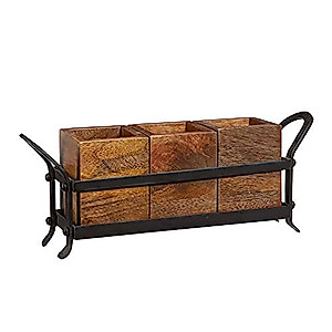 Wooden Cutlery holder Wrought Iron Spoons Stand For Dining Table, multipurpose Holder with 3 Wooden Jar(Black & Brown), 25.4x7.6x10.2 Centimeters