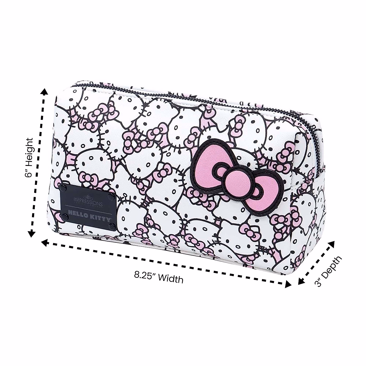 Impressions Vanity Hello Kitty Cosmetic Pouch with Waterproof Faux Leather, Zippered Bag For Travel Size Toiletries, Makeup Bag Organizer With Inside Pocket With Extra Slip Pocket (White/Pink)