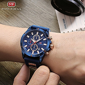 Mini Focus Mens Watch Casual Sports Watches (Chronograph/Waterproof/Luminous/Calendar) Silicon Band Fashion Quartz Watch for Men (Blue)