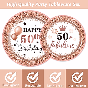 96 Pcs 50 and Fabulous Birthday Party Plates Napkins Tableware Set Rose Gold 50th Birthday Supplies Disposable Dinnerware Fifty Birthday Decoration Favors for Women, 24 Guests