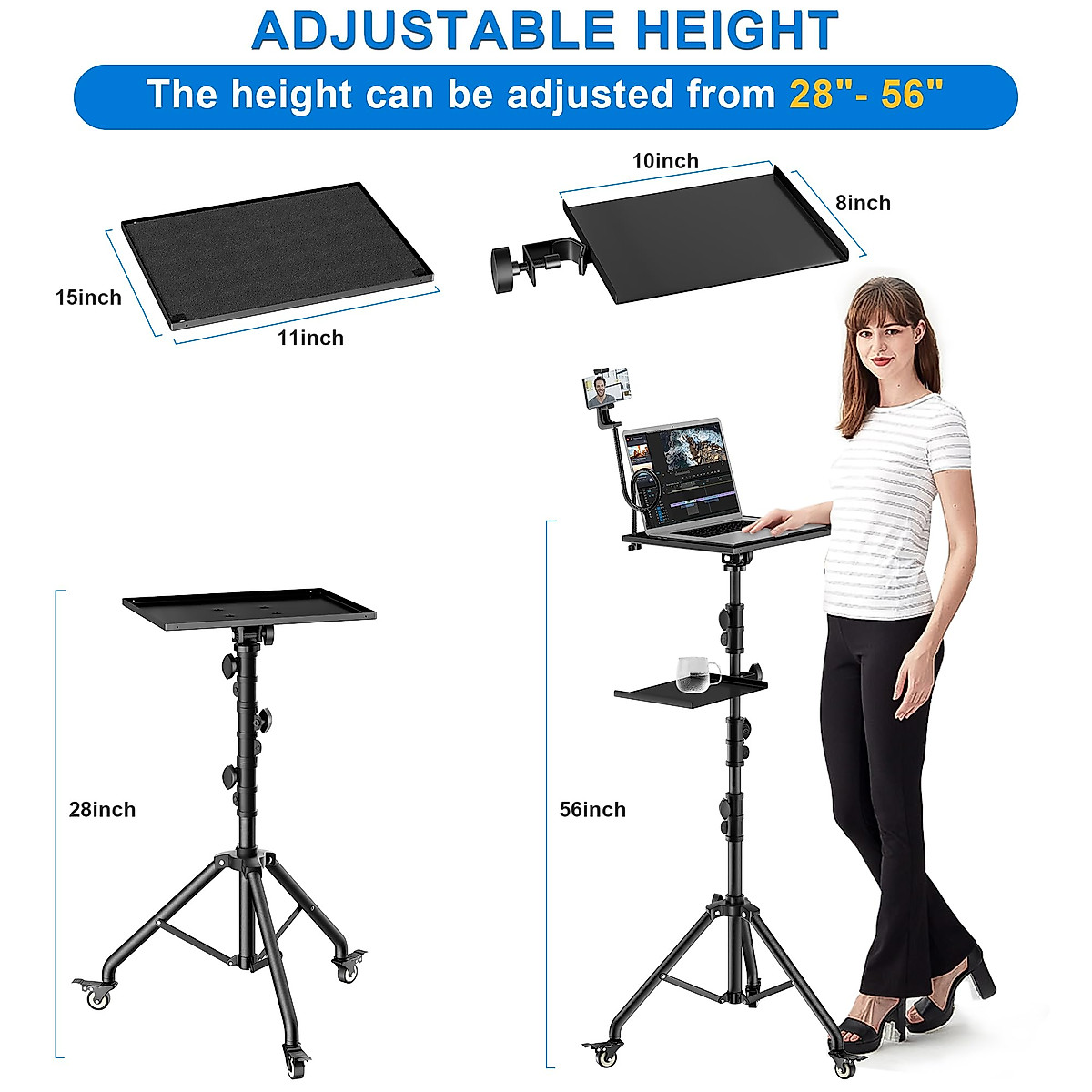 YoTilon Projector Stand Tripod From 28'' to 56'',Laptop Tripod Stand With Wheels and 2 Shelves, Rolling Projector Stand for Outside, Projector, DJ equipment, Sheet Music, Cell Phone.