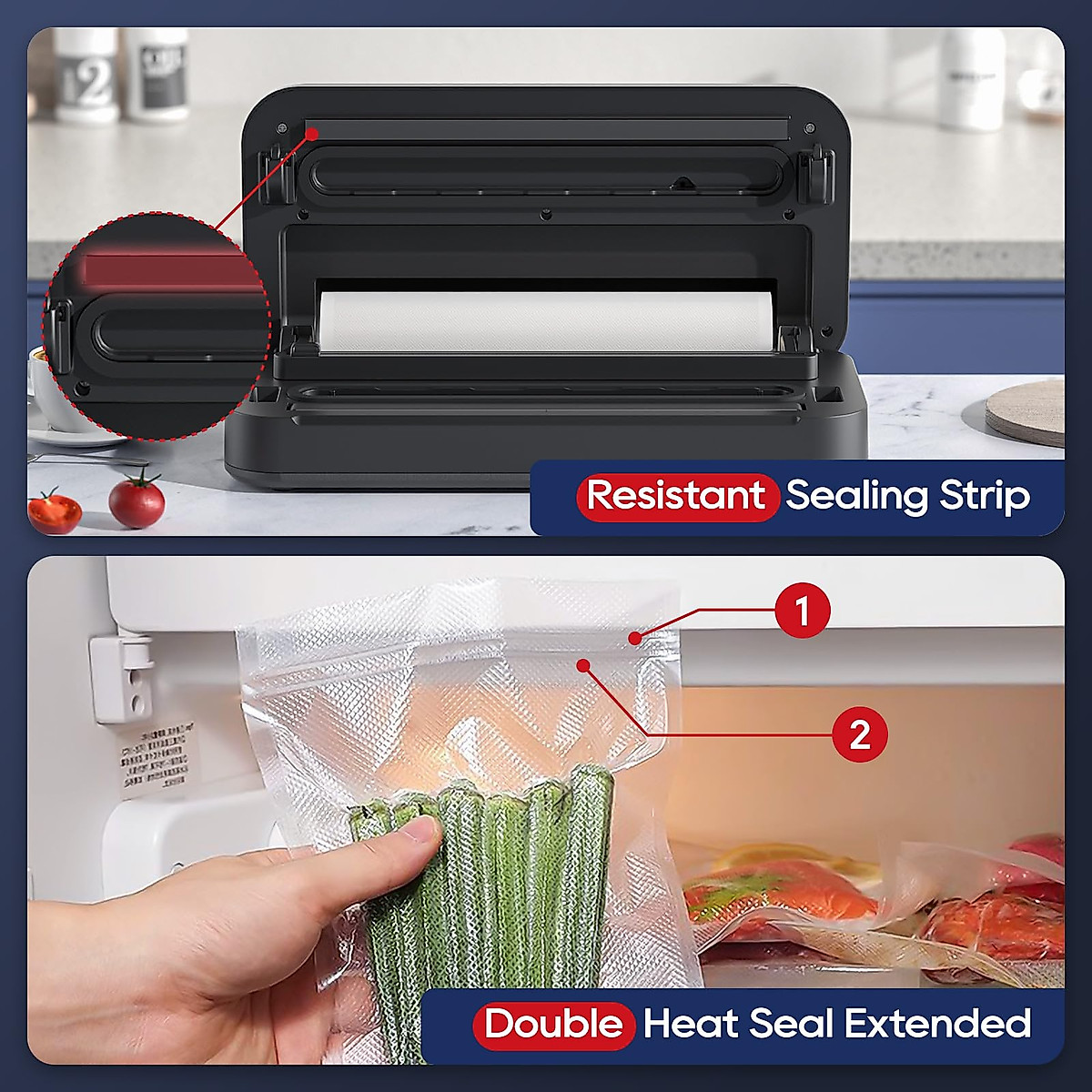 Liquid Vacuum Sealer Machine, 90Kpa Vacuum Sealer for Liquid/Dry/Moist food, Double Heat Seal, Easy-Lock Handle, Built-in Cutter and Bag Storage & Removable Drip Tray | 2 Bag Rolls