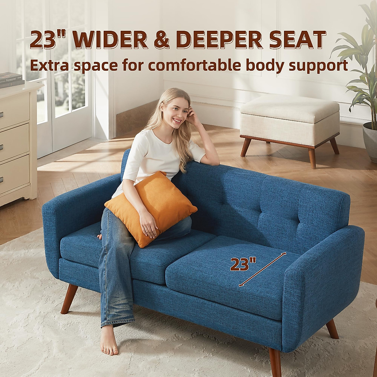 Tbfit 65" W Loveseat Sofa, Mid Century Modern Decor Love Seat Sofas and Couches for Living Room, Button Tufted Upholstered Small Couch for Bedroom, Solid and Easy to Install Love Seats Furniture, Blue