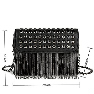 WIGUYUN Faux Leather Fringed Shoulder Handbag Rivets Flap Cross-body Bag Chain Hobo Purse Black