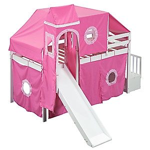 Harper & Bright Designs House Twin Loft Bed with Slide,Storage Stairs and Tent, Wood Kids Loft Bunk Bed with Tower and Ladders, Playhouse Twin Bed Frame for Kids, Teens, Boys & Girls (Twin, Pink)