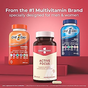 One-A-Day Brain Supplement – Brain Supplements for Memory and Focus Support, Concentration and Focus Support, Focus Supplement for Adults with L-theanine, Caffeine and Ginseng, 30 Capsules
