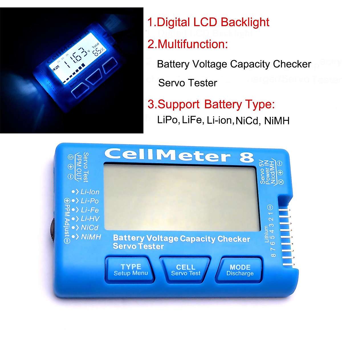 FPVDrone RC CellMeter 8 Digital Battery Capacity Checker Battery Voltage Tester LCD Backlight for LiPo Life Li-ion NiMH Nicd