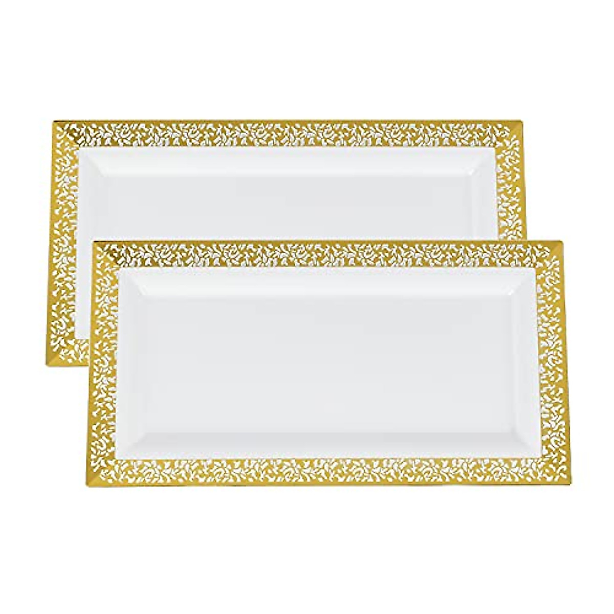 Yumchikel-Elegant Plastic Serving Tray & Platter Set (2pk) - White & Gold Rim Disposable Serving Trays & Platters for Food - Weddings, Upscale Parties, Dessert Table, Cupcake display - 7.5 x 14 inches
