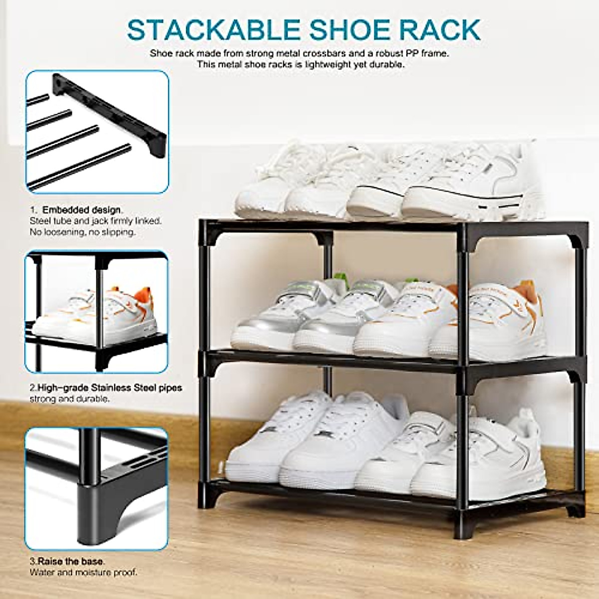 OLYREO Stackable Small Shoe Rack for Closet 3 Tier, Sturdy Shoe Rack Organizer for Front Door Entrance and Entryway, Free Standing Metal Shoe Shelf Storage for Closet Bedroom Garage Black