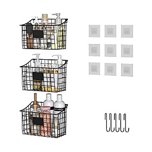 Wall Mounted Bin Basket with 5 Hooks 3 Label Plate Adhesive-3 Pack, Cabinet Hanging Metal Wire Basket,Rustic Farmhouse Decor, Storage Organization Shelf for Pantry Kitchen Bathroom 10.6*7.5*5.1inch