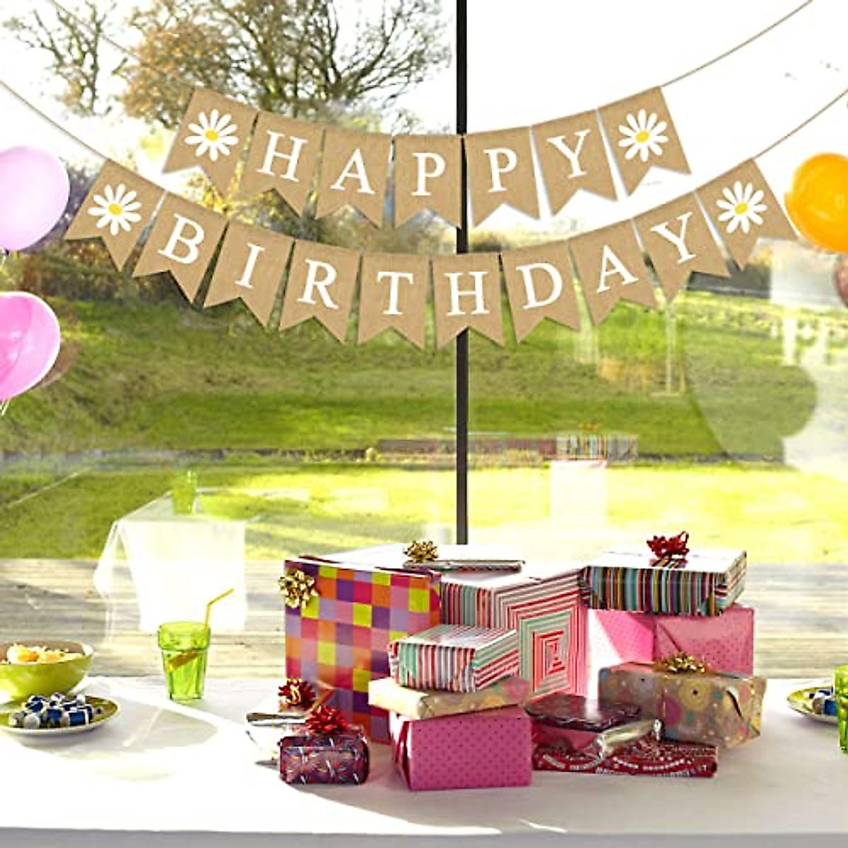 Pudodo Jute Burlap Daisy Themed Happy Birthday Banner Spring Summer Birthday Party Nursery Kitchen Mantle Fireplace Decoration