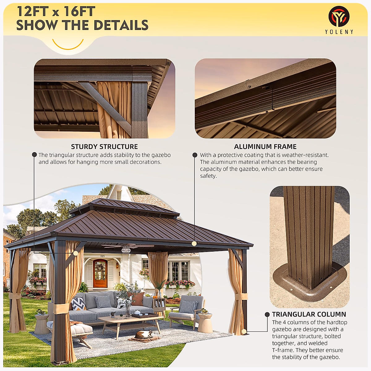 YOLENY 12' x 16' Gazebo, Hardtop Gazebo with Galvanized Steel Roof, Double Roof Gazebo with Aluminum Frame, Outdoor Gazebo with Curtains and Nettings, Sunshade for Gardens, Lawns, Deck