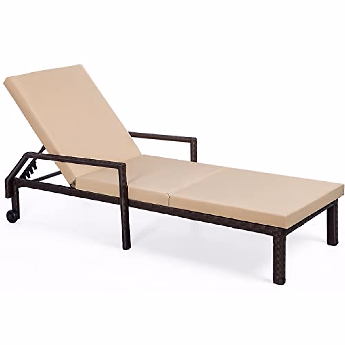 AECOJOY Chaise Lounge Chairs for Outside Outdoor Lounge Chairs, Adjustable PE Rattan Wicker Patio Pool Lounge Chair with Cushion and Wheels for Poolside Backyard Deck Porch Garden, Brown