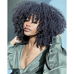 RunM Short Curly Afro Wig With Bangs for Black Women Kinky Curly Hair Wig Afro Synthetic Full Wigs（Black）