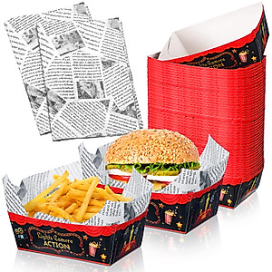 100 Pcs Movie Night Party Supplies Carnival 2 lb 50 Movie Paper Food Tray Party Bowl with 50 Waxed Deli Paper for Movie Decorations Movie Serving Tray Snack Popcorn Holder Assembled(Movie Style)