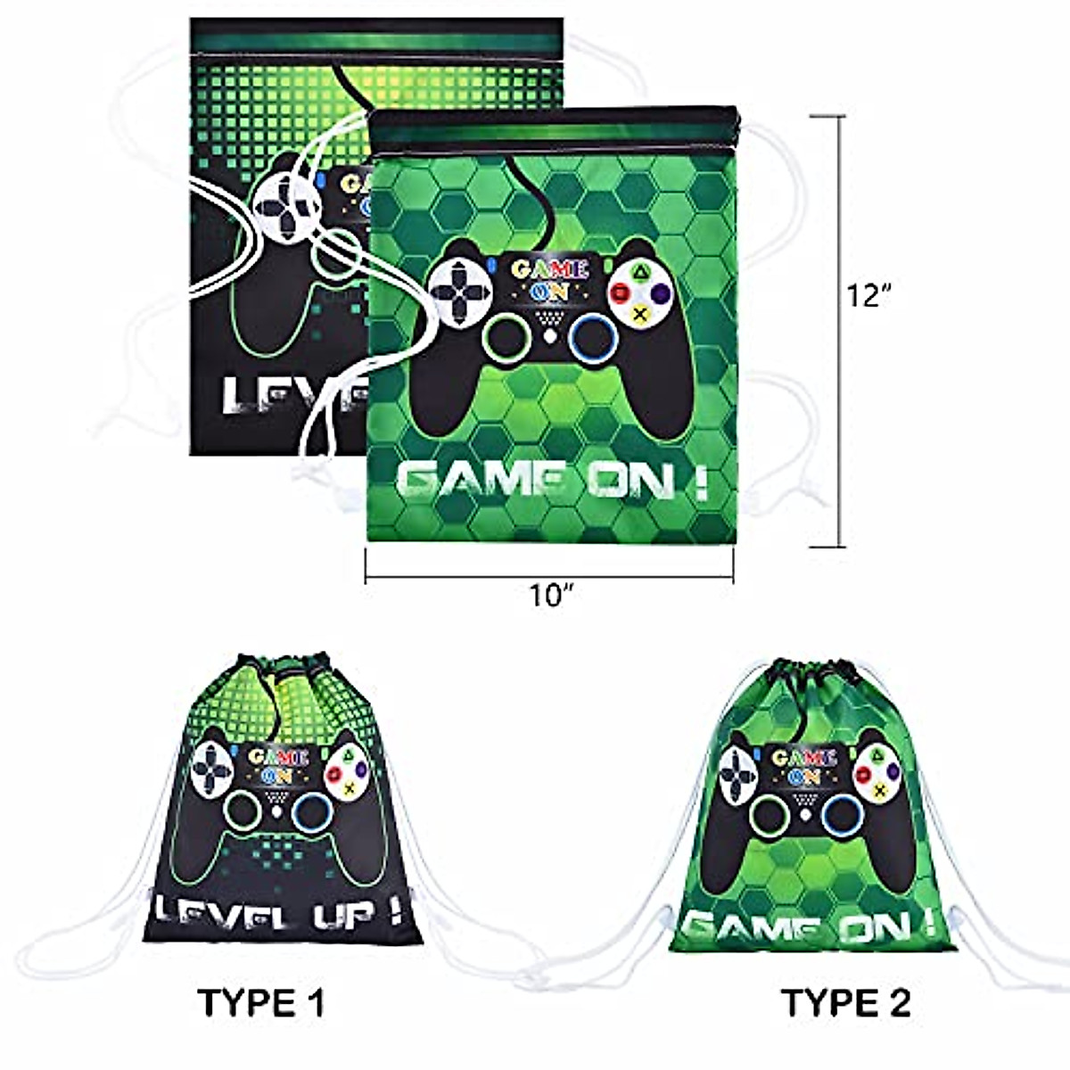WERNNSAI Video Game Party Loot Bags - 12 Pack 10'' x 12'' Game On Theme Gifts Bags for Boys Drawstring Backpack Goodie Candy Favor Bags Birthday Party Supplies